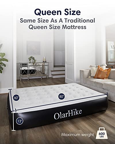 OlarHike Queen Air Mattress with Built in Pump,Inflatable Blow Up Airbed with Storage Bag,13" High Speed Inflation Black, Camping Accessories, Travel and Guests & Indoor