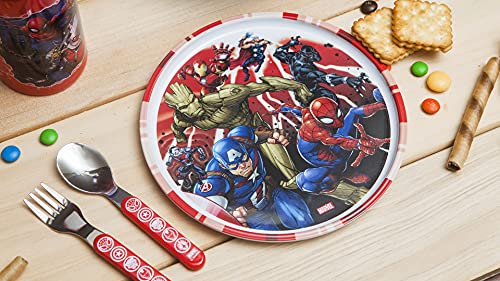 zak! Marvel Universe - 5-Piece Dinnerware Set - Durable Plastic & Stainless Steel - Includes Water Bottle, 8-Inch Plate, 6-Inch Bowl, Fork & Spoon - Suitable for Kids Ages 3+