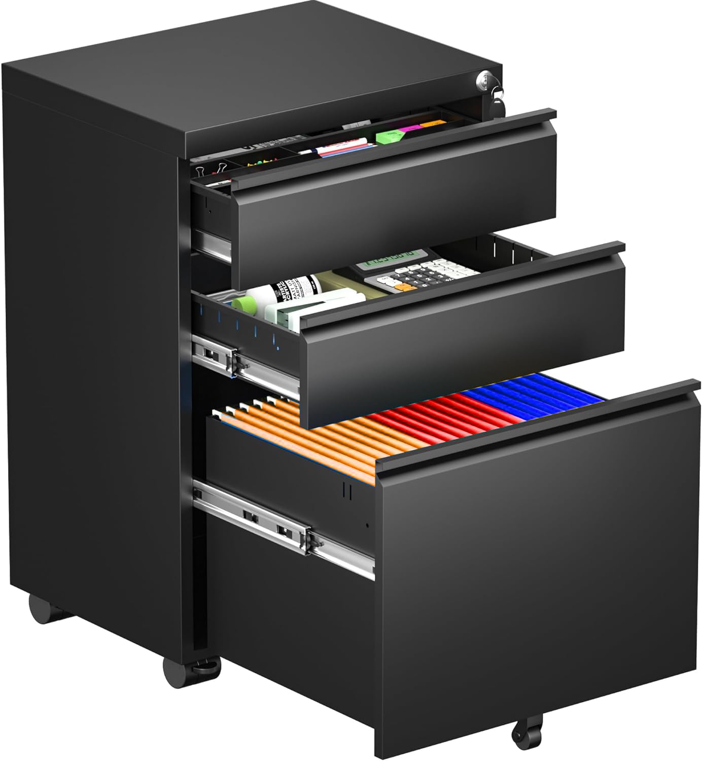 Pataku 3 Drawer Mobile File Cabinet with Lock, Under Desk Metal Filing Cabinet for Legal/Letter/A4 File, Fully Assembled Rolling File Cabinet Except Wheels, Black