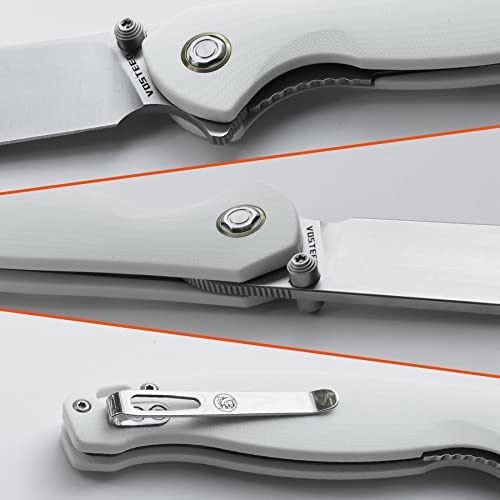 Vosteed Labrador Folding Knife Pocket Knife for Men with 3.74 inch 154CM Satin Blade, EDC Flipper Knife with White G10 Handle and Clip for Outdoor Camping