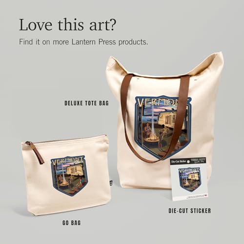Vermont, Retro Camper and Lake, Contour (Canvas Deluxe Tote Bag, Faux Leather Handles & Zip Pocket)