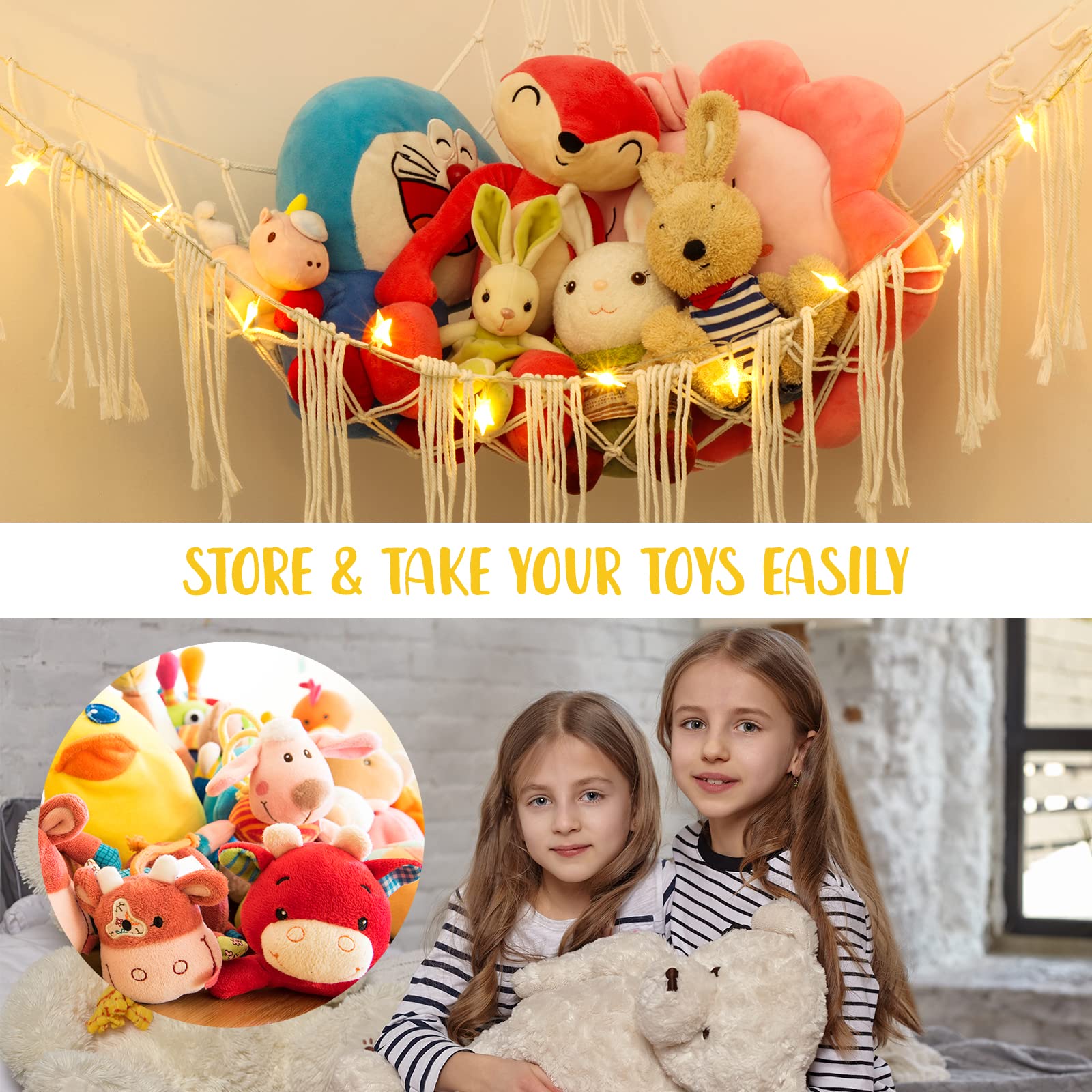 Stuffed Animal Hammock with LED Light, PChero Boho Macrame Stuff Animals Hanging Net Holder with Hooks, Plush Toy Storage Organizer for Kids Room Bedroom Nursery Playroom Wall Corner Décor