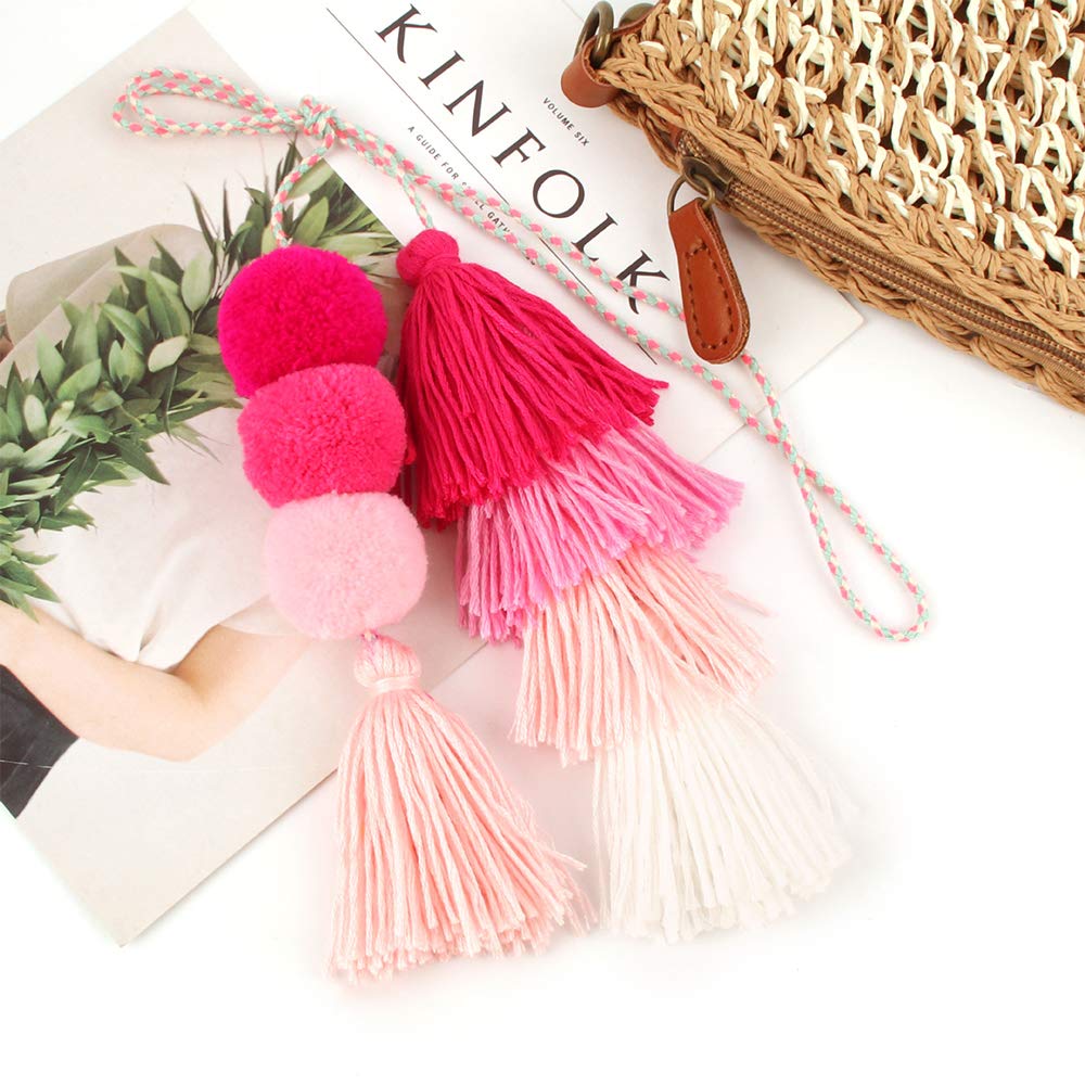 QTKJ Colorful Bohemian Pompom Tassel Keychain Handbags Straw Bag Charms Ornaments Key Ring Pompom Pendant(Pink 1)