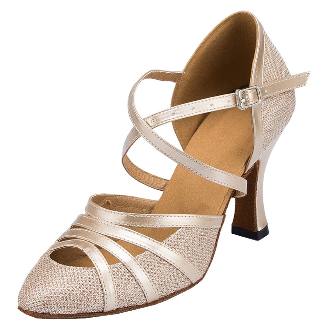 TDA CM105 Womens Ankle Strap 8cm Champagne Glitter Synthetic Salsa Tango Ballroom Latin Wedding Party Dance Shoes 4 M US