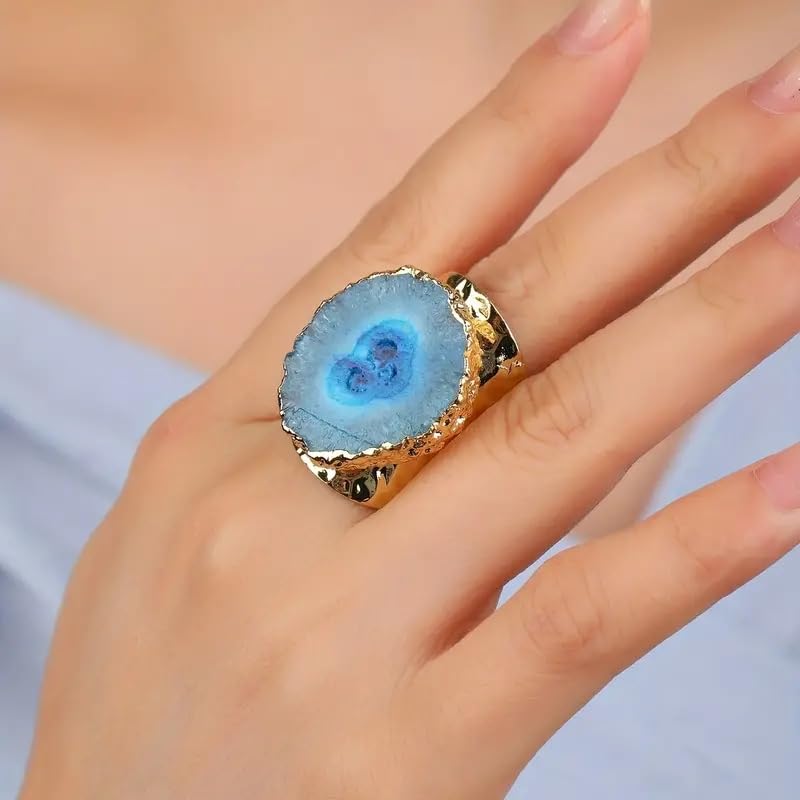 YEEVAA Natural Agate Quartz Geode Druzy Ring Healing Crystal Stone Adjustable Open Wide Gemstone Ring Jewelry Gift-1PC (Blue Agate,Gold Plated)