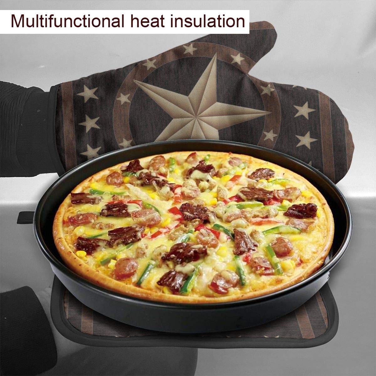Western Texas Star Heat Resistant Oven Mitts and Pot Holders Set for Kitchen-Soft Cotton Lining with Non-Slip Surface for Safe BBQ Cooking Baking Grilling,Machine Washable