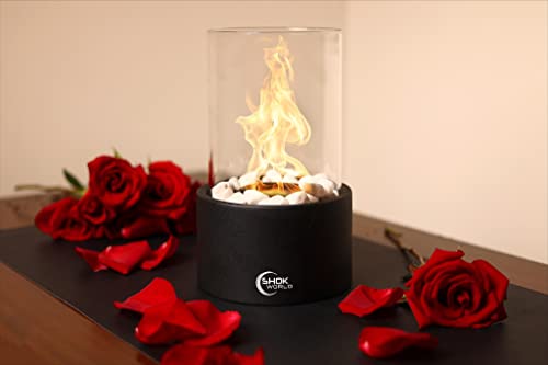 Shok World Concrete Tabletop Fireplace with Glass Stone - Portable Fire Pit Indoor & Outdoor Fireplace for Patio - Decorative Tabletop Fire Pit with Windproof Glass Cover - Bio Ethanol Ventless