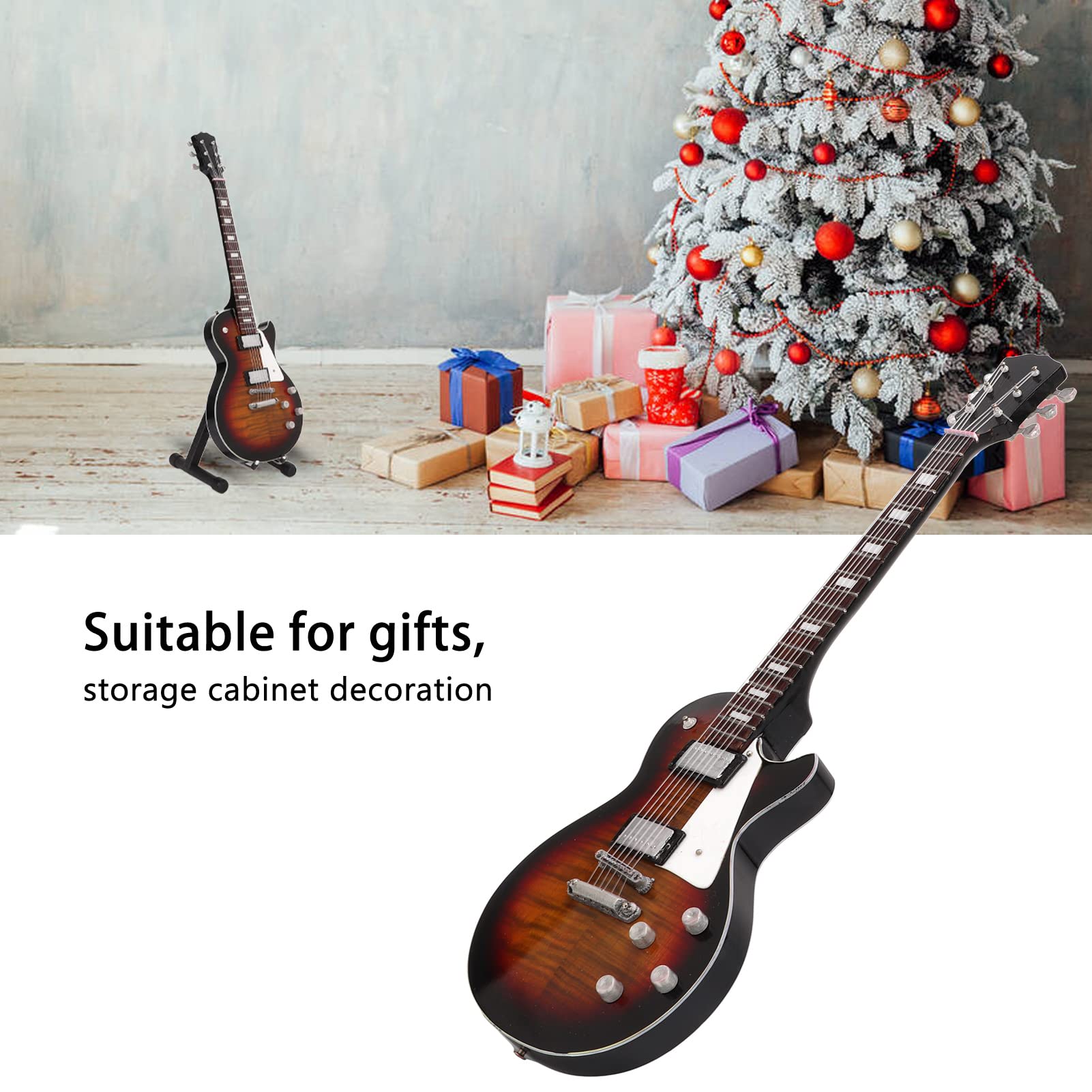 Wooden Miniature Electric Guitar with Stand and Case, Mini Musical Instrument Miniature Dollhouse Model, Exquisite and Compact, Mini Guitar Model for Home Decoration