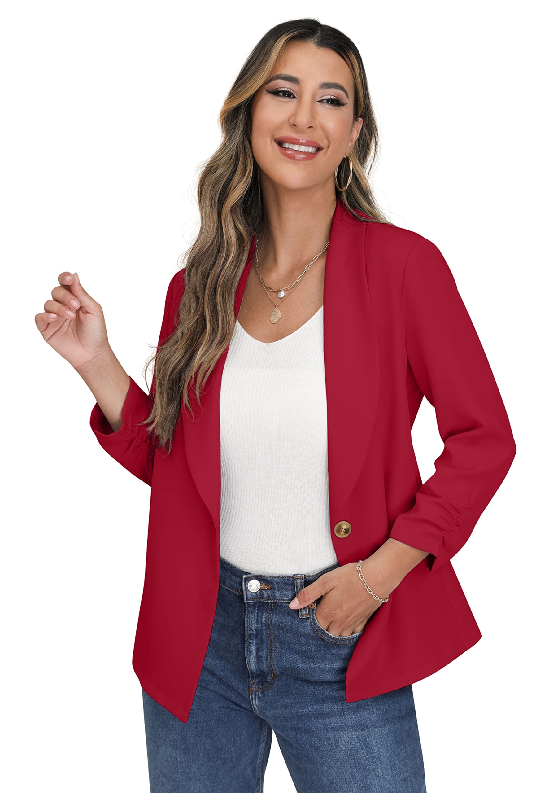 ONLYSTORY Womens Blazer Jackets for Women 3/4 Ruched Sleeve Work Casual Lightweight Blazer with Pockets Red-16