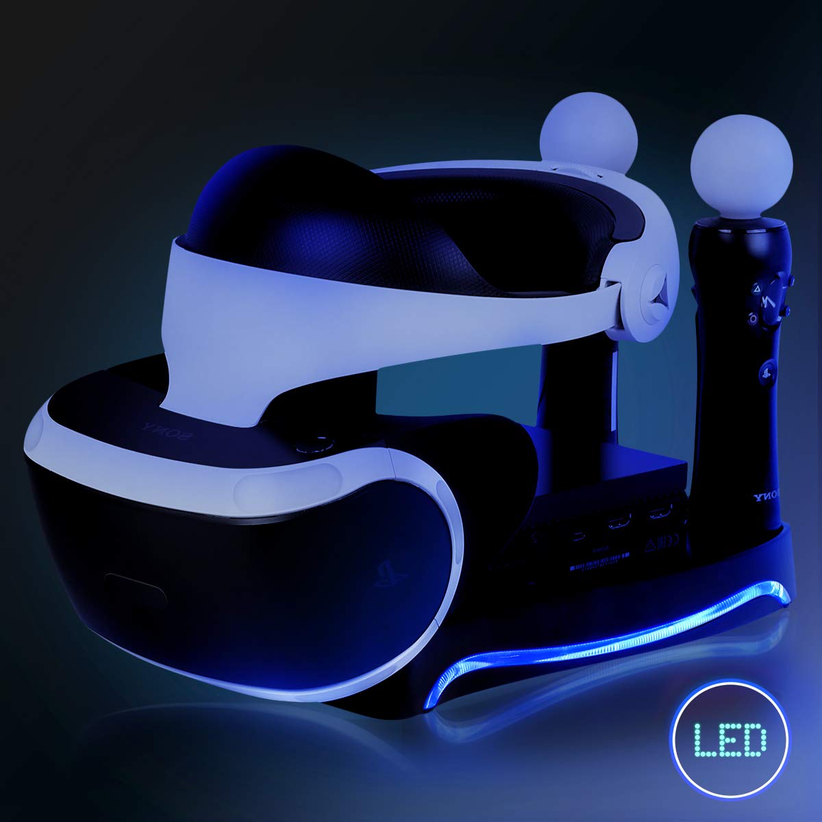 Puroma Upgraded 4-in-1 Charge & Display Stand for PS VR with Storage Headpiece Holder, 2 Move Controllers Charging Station and Processor Unit Stand