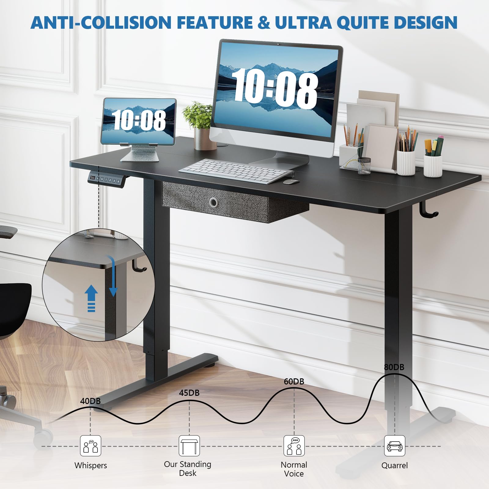 Standing Desk with Drawer, 40 x 24 Inch Home Office Electric Stand Up Desk with Drawer Storage, Height Adjustable Sit Stand Ergonomic Computer Desk with Wire Hole and Hook for Workstation, Study