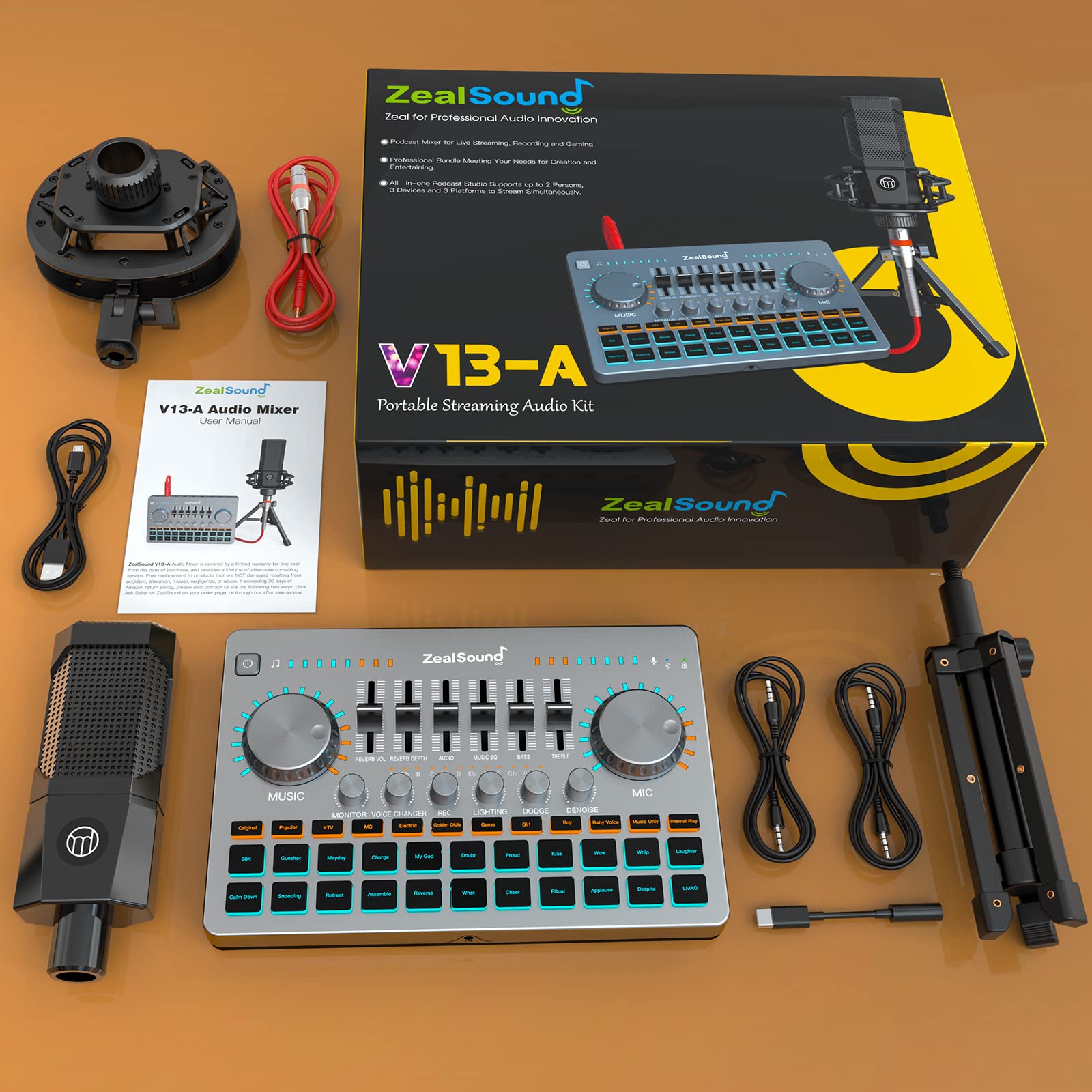 ZealSound Podcast Equipment Bundle,Audio Interface-All in One-Podcast Production Studio Soundboard Audio Mixer with Professional XLR Microphone for Live Streaming, Podcast Recording on Smartphone PC