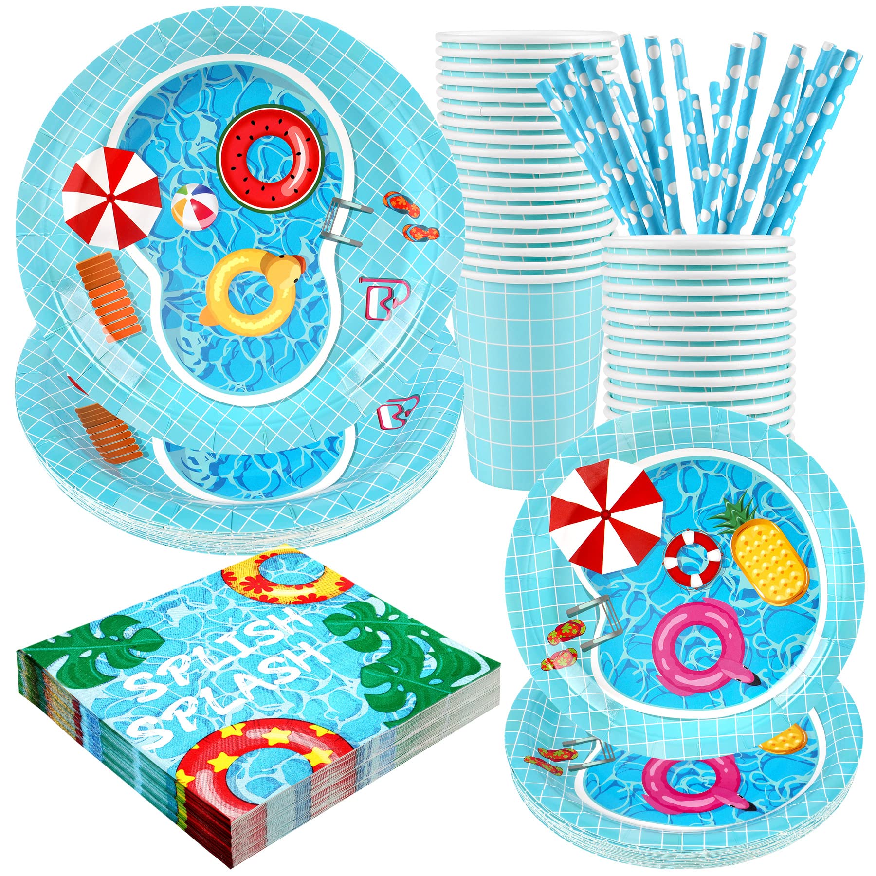 Pool Party Supplies Decorations, Disposable Summer Kids Birthday Paper Plates and Napkins Set with Cups and Straws for 24 Guests, 120 Pcs Beach Party Dessert Dinnerwares