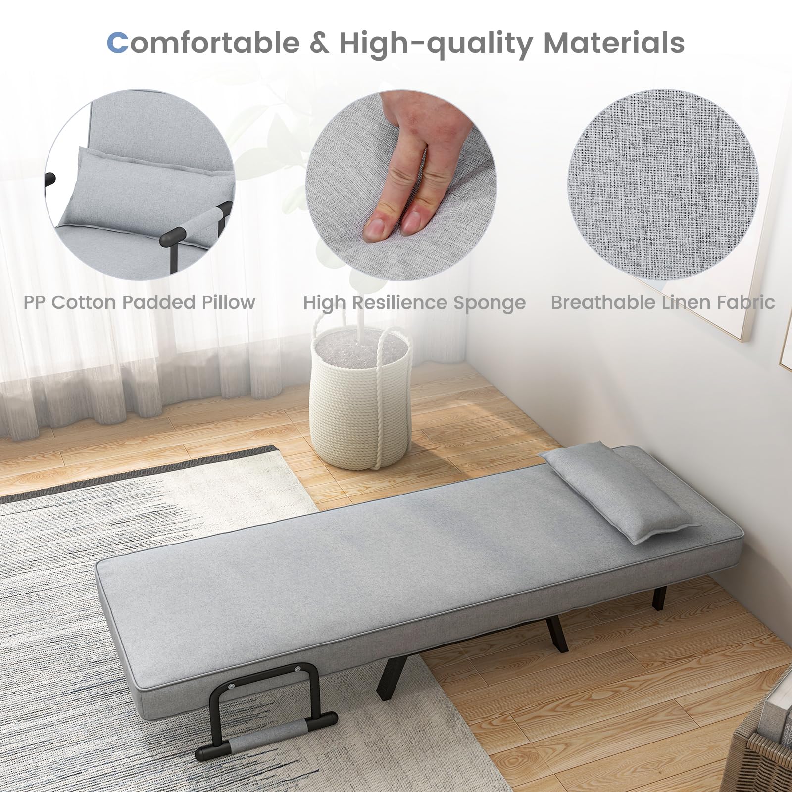 POWERSTONE Convertible Sleeper Chair Bed, 4 in 1 Living Room Reading Chair with Pillow, Arm and Adjustable 5 Position Backrest Single Sofa Bed, Light Grey