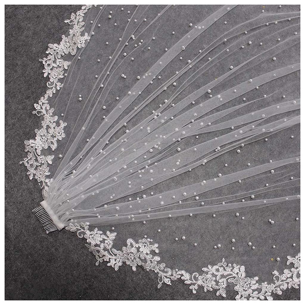 Ts Pearls Wedding Veil, with Lace Appliques Edge 2.5 Meters Long Bridal Veil, with Comb 250CM Veil for Bride (Color : White, Item Length : 250cm)