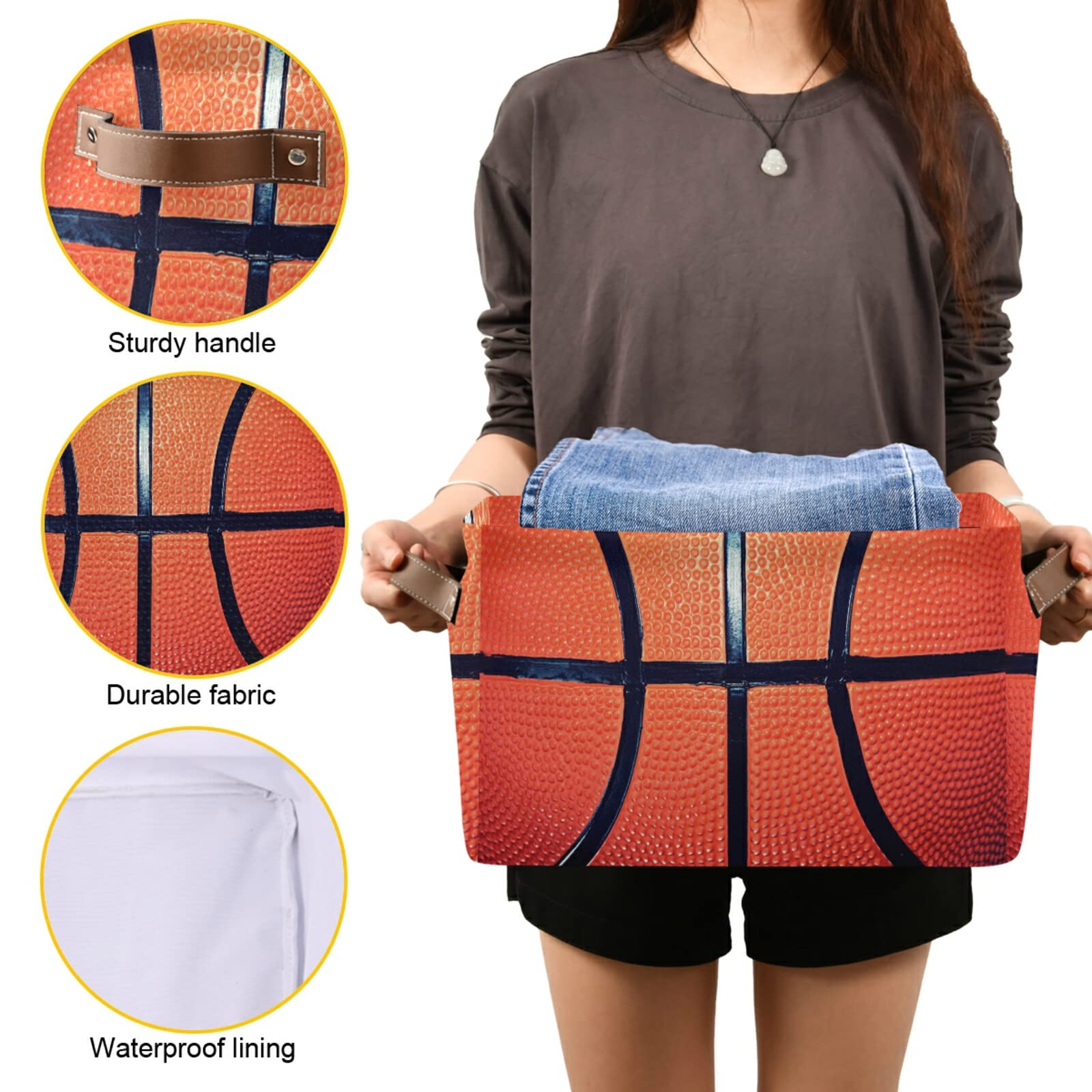 Sport Basketball Storage Bin Canvas Toys Storage Basket Bin Large Storage Cube Box Collapsible with Handles for Home Office Bedroom Closet Shelves,1 pc