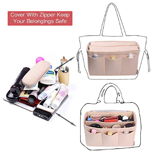 Purse Organizer Insert,Felt Bag Organizer with NEW Detachable Zipper cover, fits, St Lious, Tote and handbag shaper (Medium for St Louis PM, Beige)