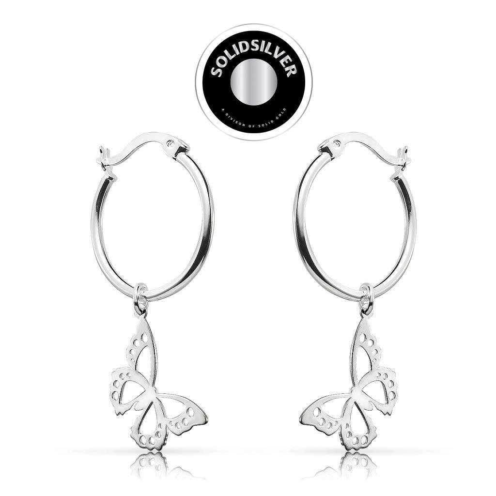 SolidSilver - Sterling Silver 20mm Polished Hoop Earrings with a Dangle Butterfly Charm Pendant