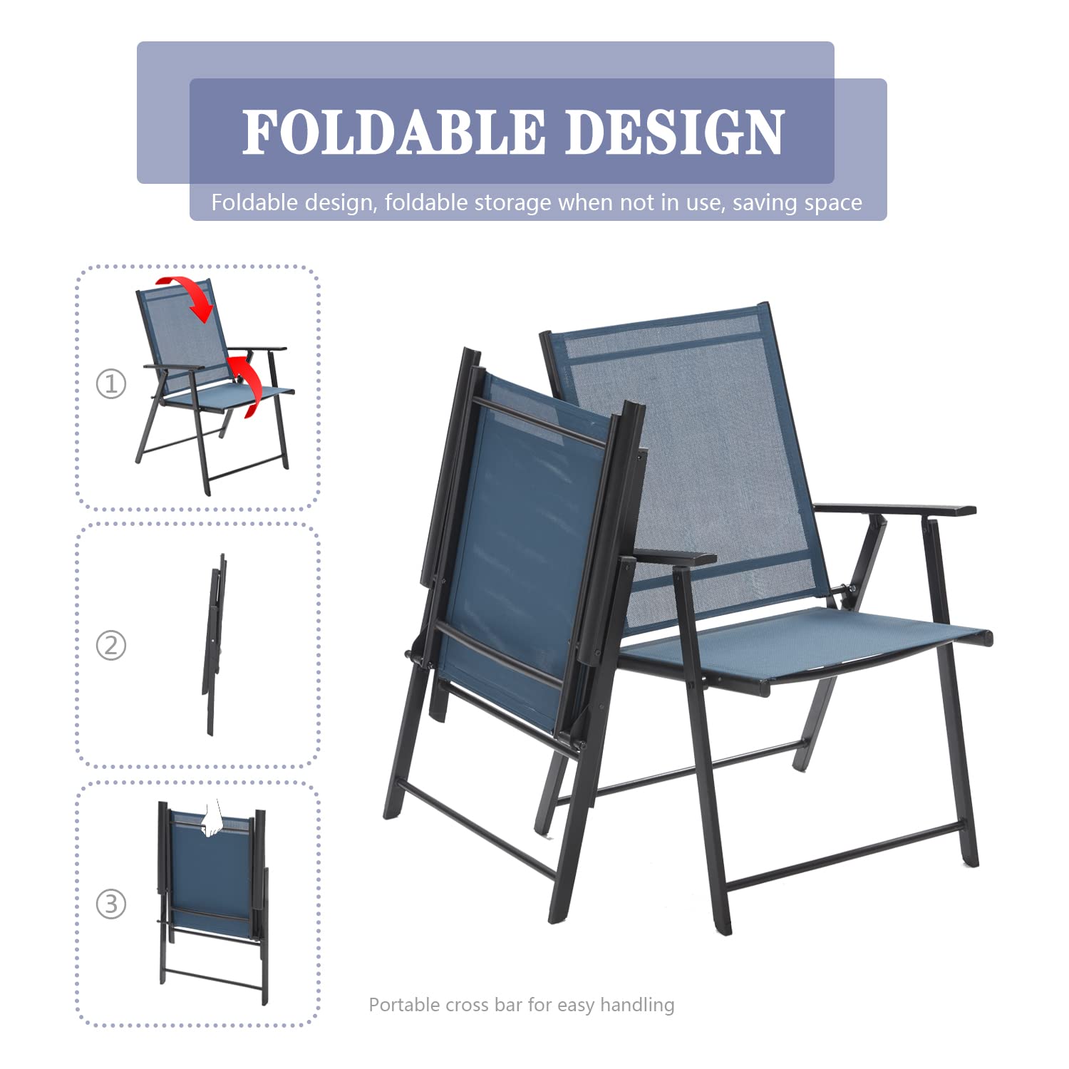 VICLLAX 5 pcs Patio Dining Table and Chairs Set, 4 Outdoor Reclining Folding Sling Chair with Armrest & 1 Square Patio Dining Table with 1.57" Umbrella Hole(Dark Blue/Black)