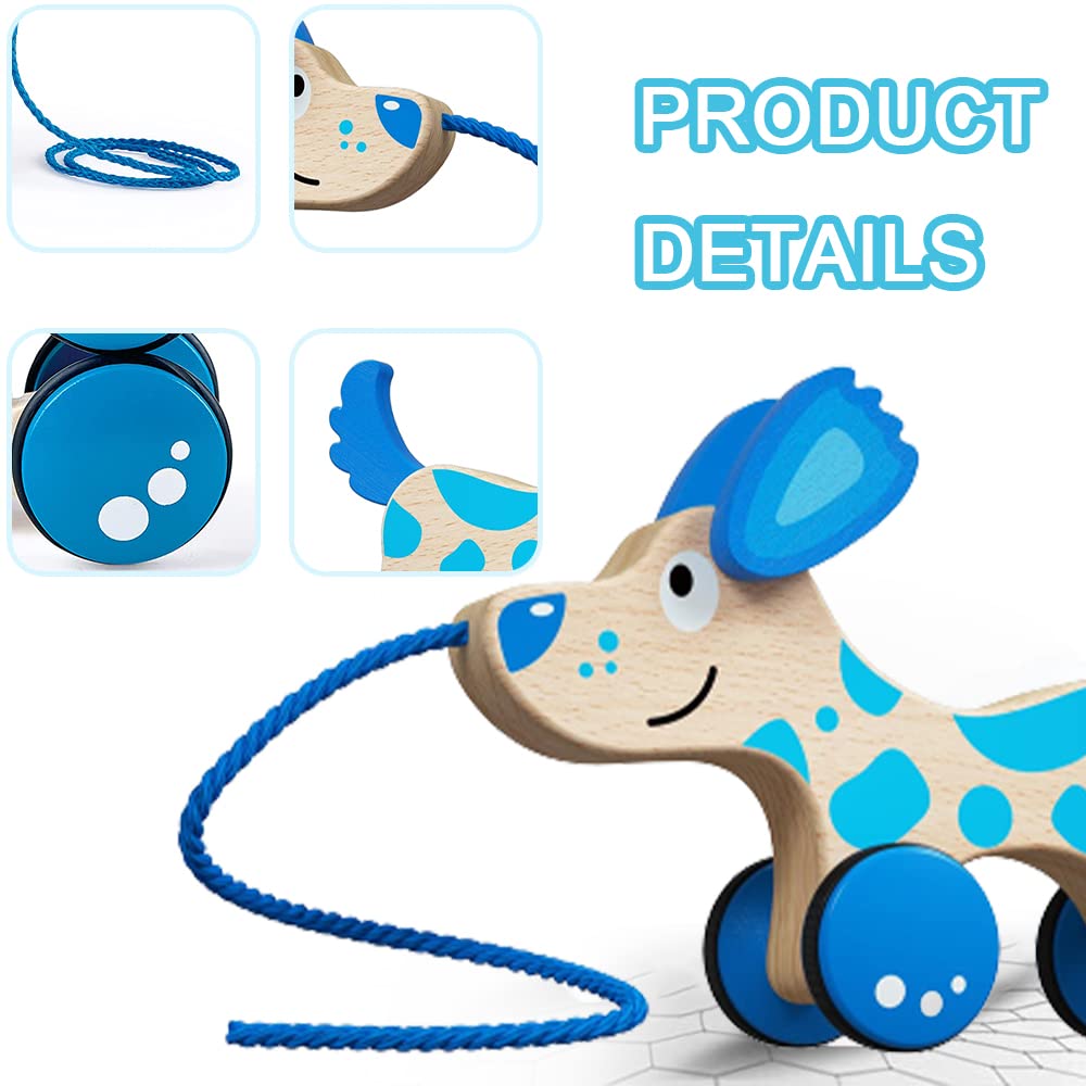 Wooden Push Pull Dog Toys Pull Toys for Toddlers 1-3 Baby Pull Toy Stand and Roll Toys Push Along String Dog Toys