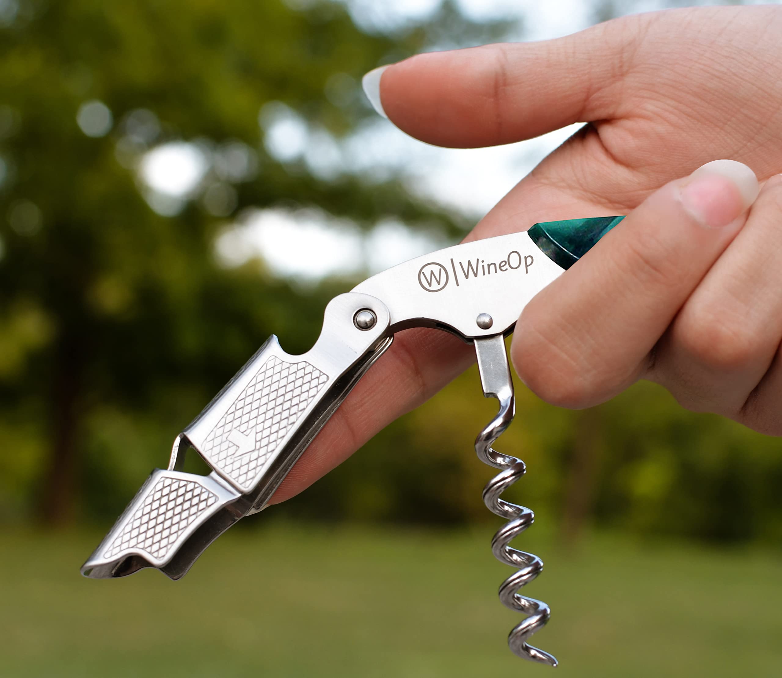 WineOp Professional Wine Key - Luxury Double Hinged Waiter's Corkscrew Wine Bottle Opener, Cork screwer for Sommeliers, Bartenders, Servers, All-In-One Stainless Steel (Green Jade Resin)
