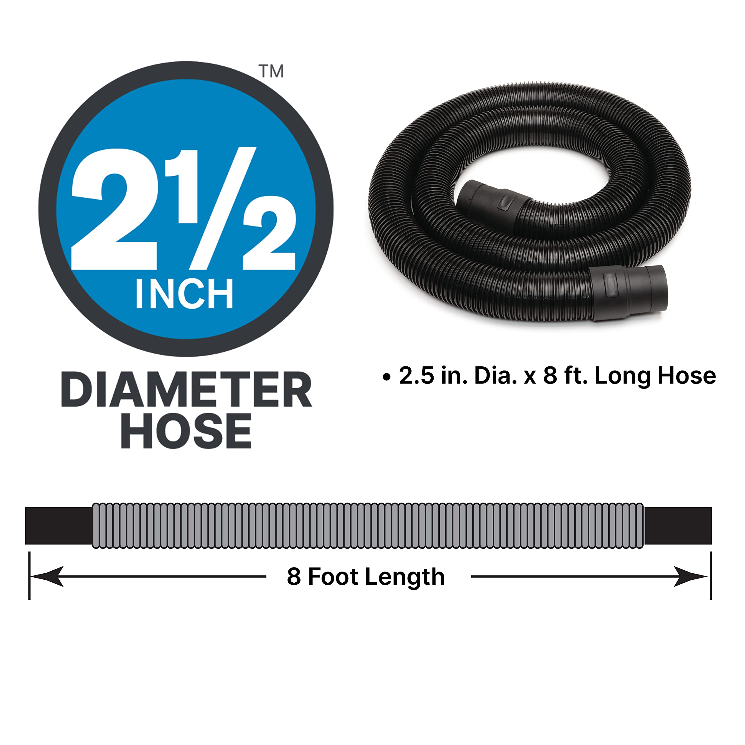 Shop-Vac 9050333 Hose, 2.5 in Diameter x 8 Ft Length, Long Reach, Vacuum Hose, Black, (1 Pack)