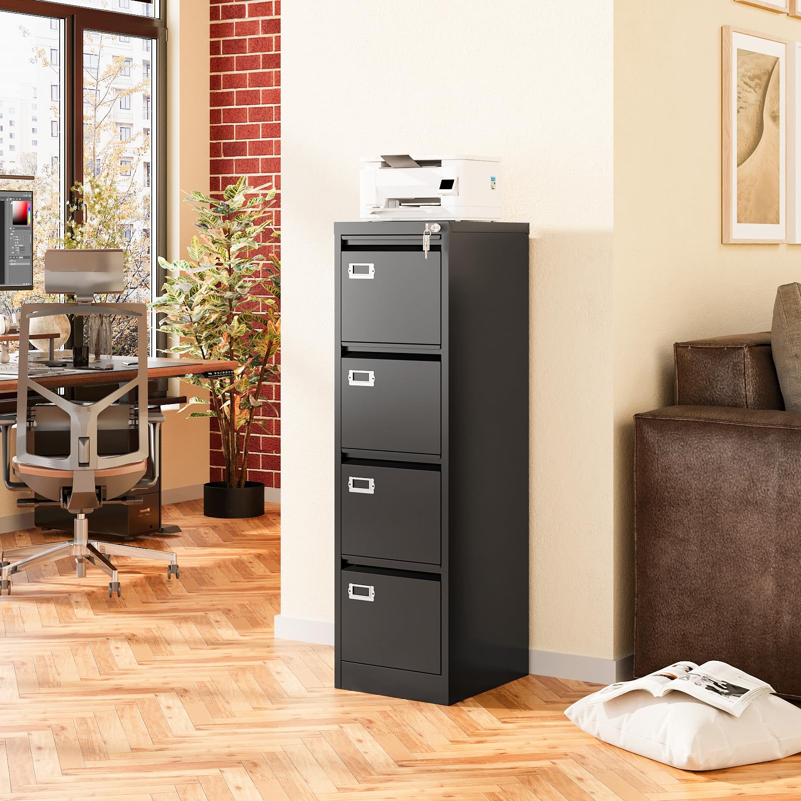 RAVIGIN 4 Drawer File Cabinet with Lock,Metal Vertical Filing Cabinets for Home Office-Hanging Letter/Legal/F4/A4 Size (Require Assembly)