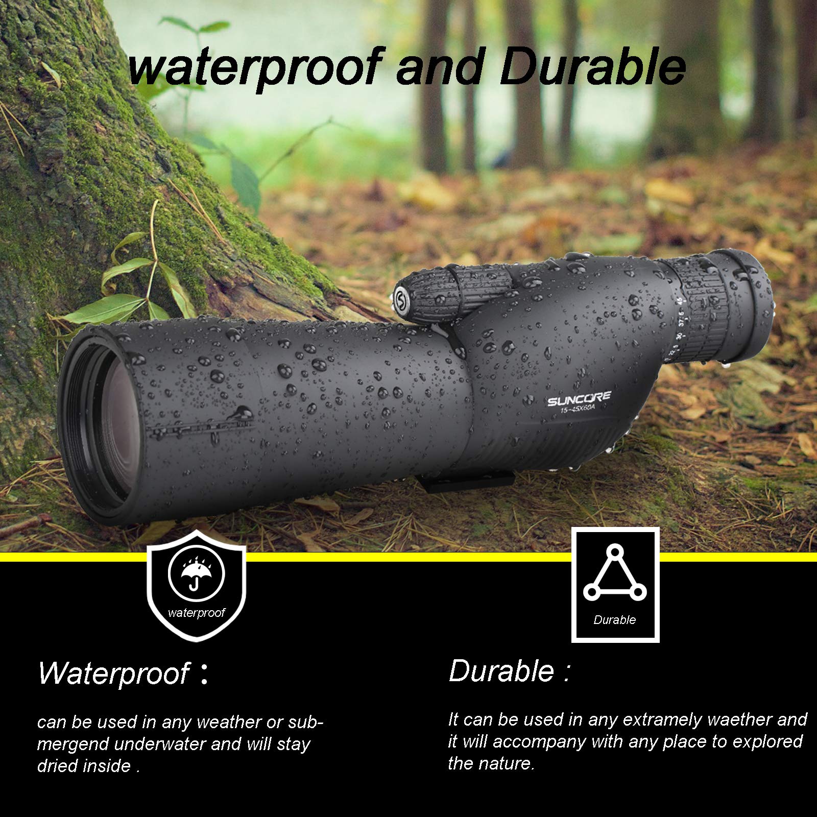 Suncore HD Zoom Spotting Scope - Standard 15-45x60 Waterproof Fully Multi Coated Optical Lens Perfect for Target Shooting Hunting Stargazing Bird Watching Wildlife Scenery (Straight)