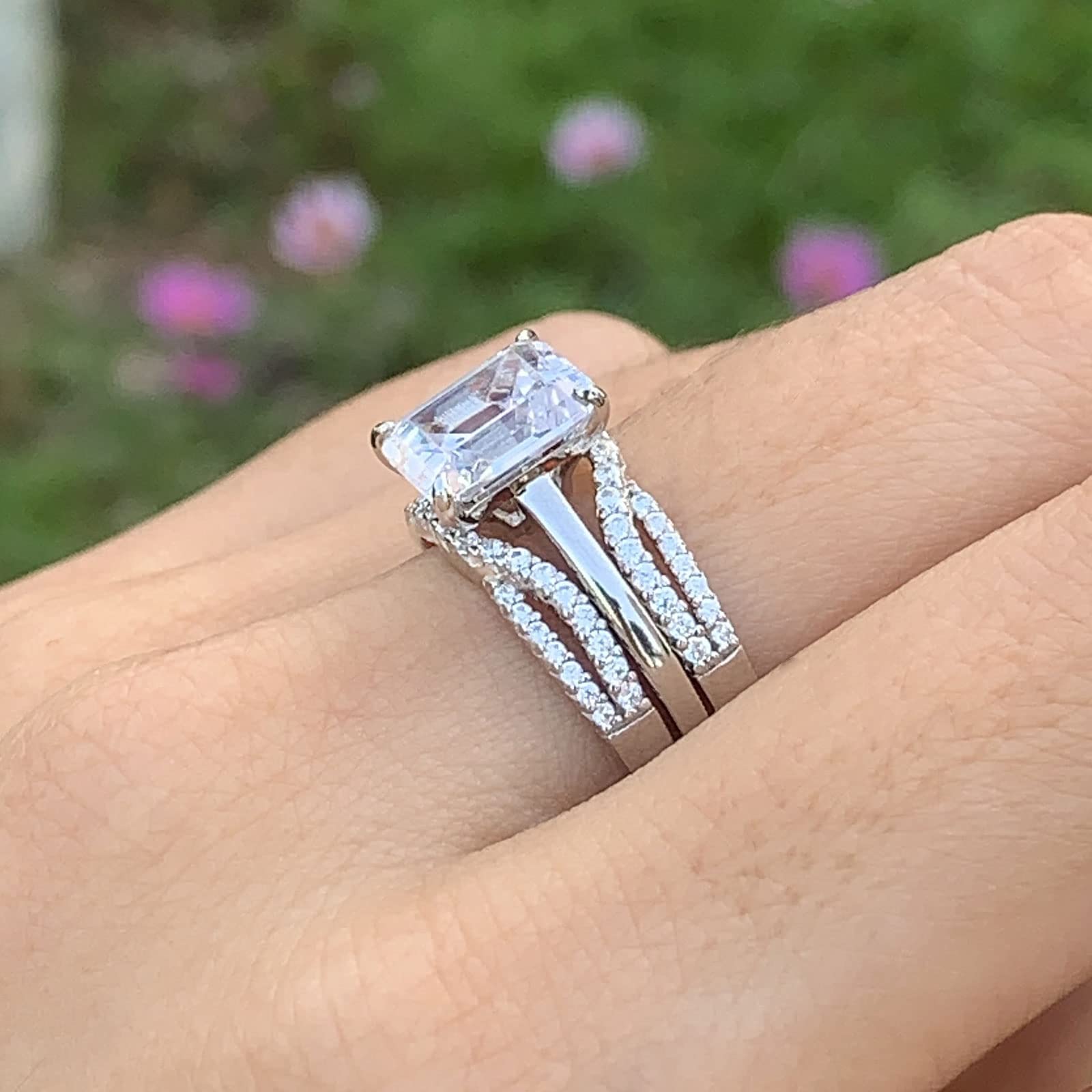 Wuziwen Bridal Ring Enhancer for Emerald Cut Engagement Rings For Women CZ Sterling Silver Size 7