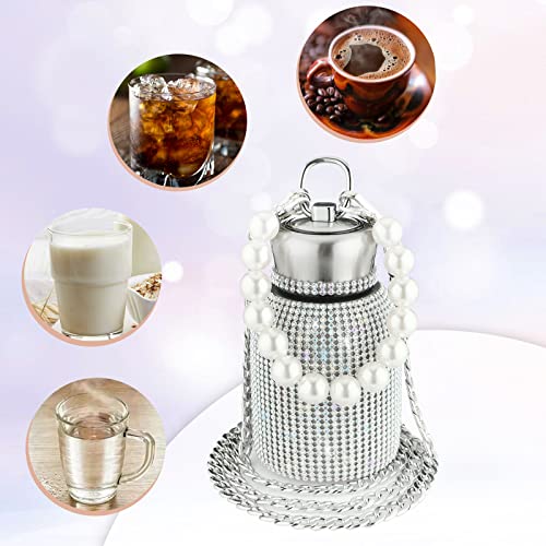 Tmore Glitter Rhinestone Water Bottle Bling Diamond Stainless Steel Thermal Bottles 9.47oz/280ml Sparkling Refillable Insulated Vacuum Thermoses with Chain (Silver)