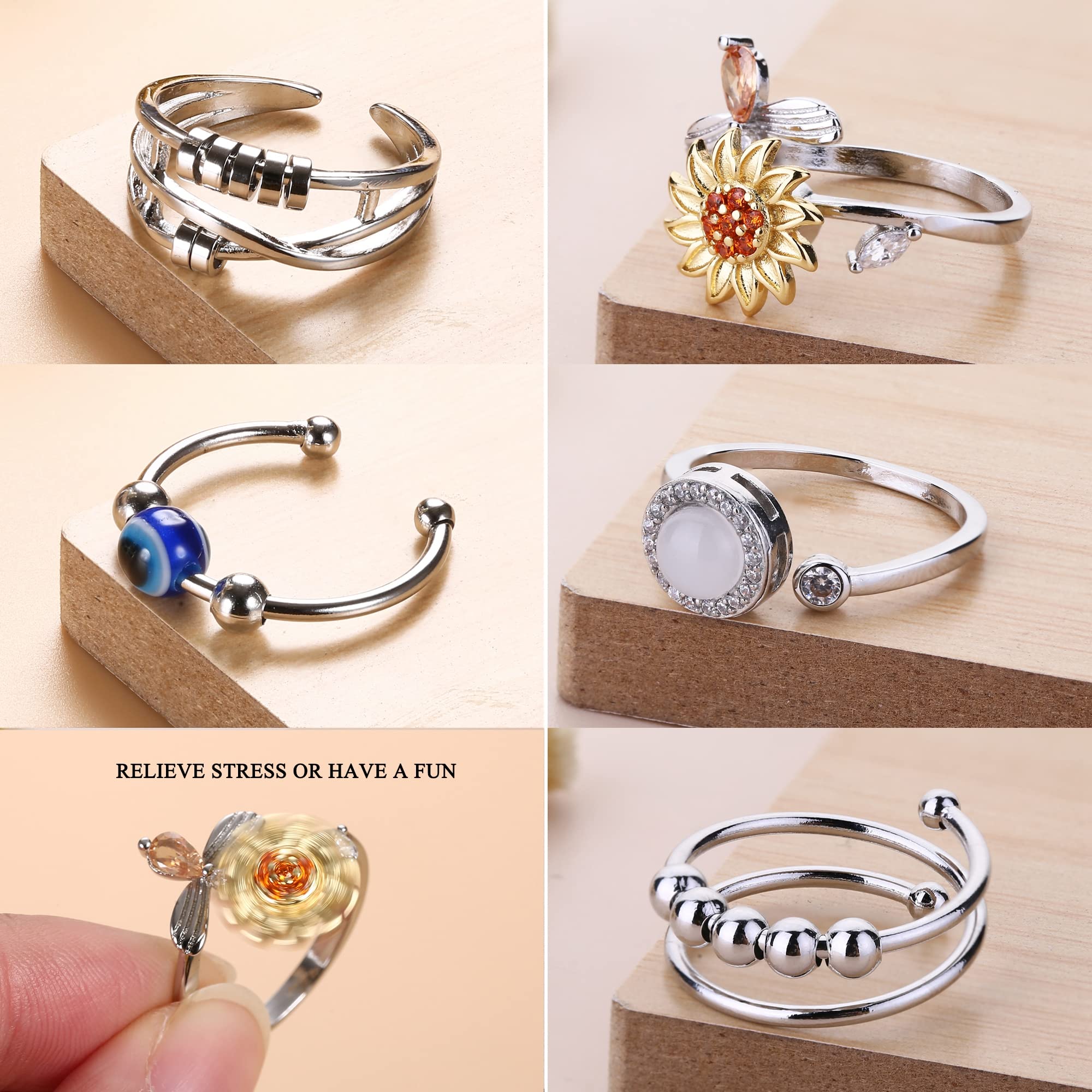 ZELORES 8Pcs Adjustable Fidget Rings for Anxiety White Gold Plated Beads Flower Evil Eye Ring Set Anti Anxiety Ring For Women