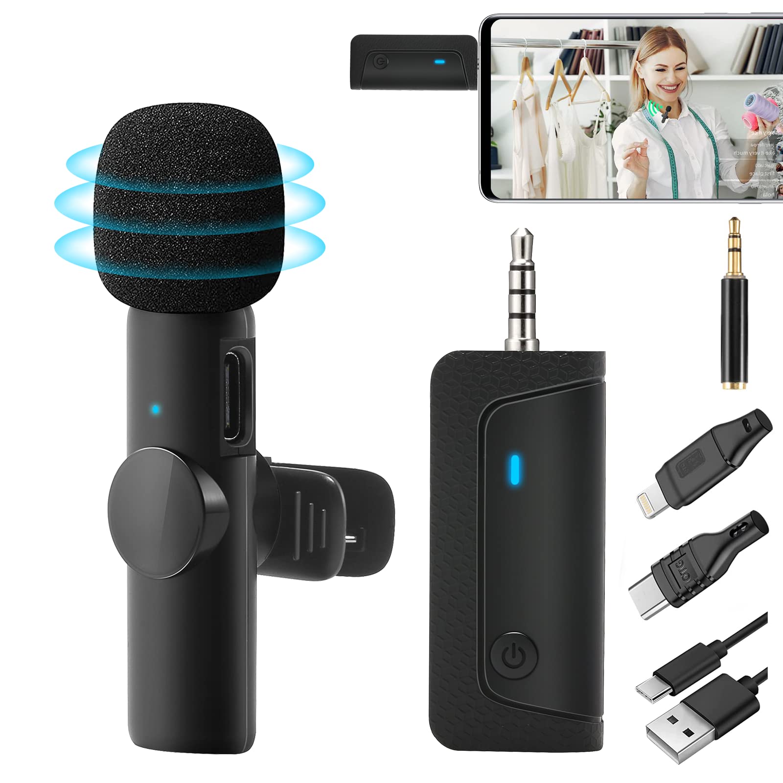 Wireless Lavalier Microphone Mini Mic - Lapel Microphones for iPhone/Android Phone/Camera/Laptop/GoPro,Plug-Play Clip-on Mics Video Recording,Livestream,YouTube,Facebook,TikTok,Vlog