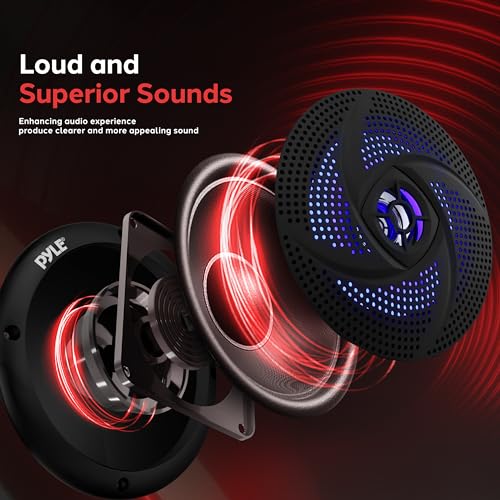 Pyle Marine Waterproof Speakers 6.5β - Low Profile Slim Style Wakeboard Tower and Weather Resistant Outdoor Audio Stereo Sound System with LED Lights and 240 Watt Power - 1 Pair in Black - PLMRS63BL