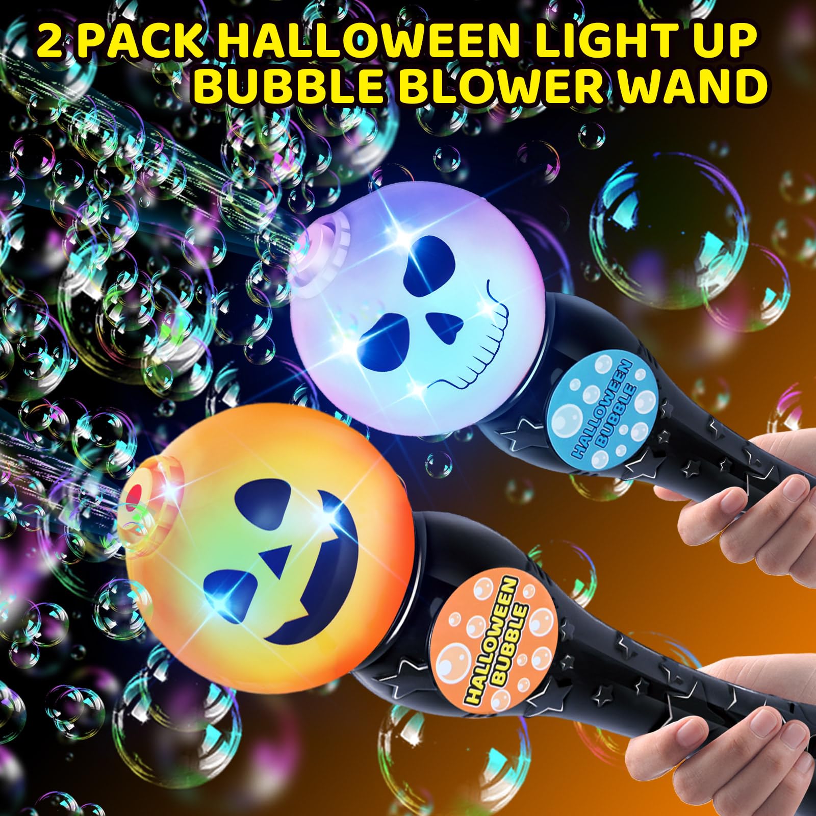OleFun 2 Pack Halloween Light Up Bubble Blower Wands, Pumpkin & Ghost Glowing Bubble Machine with 4 Bubble Solutions, Ideal Halloween Toys for Kids, Halloween Party Favors, Goodie Bags Stuffers