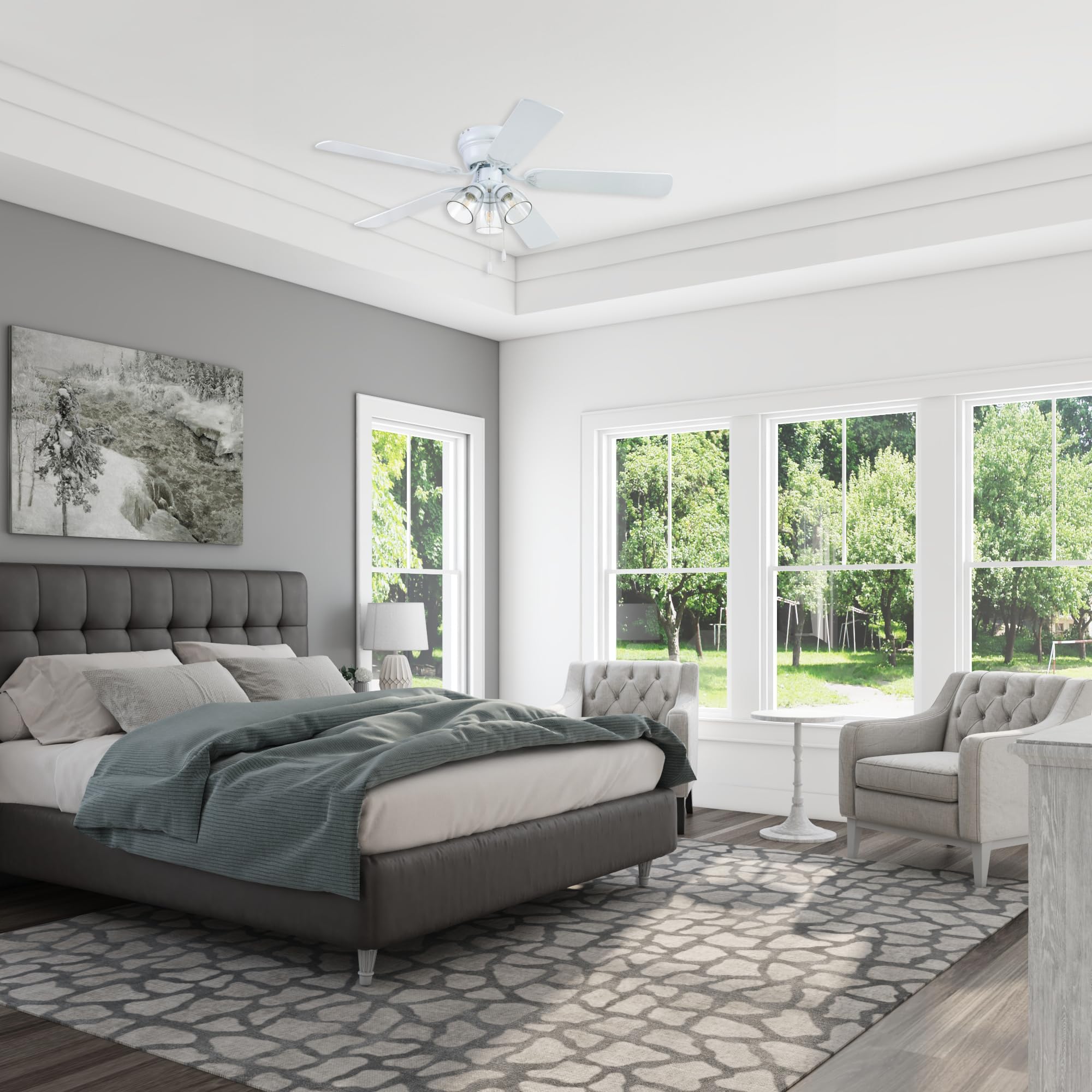 Portage Bay Ceiling 52" Renton White Indoor Fan with Clear 3 Light LED Multi Arm E26/B11 Bulb and Pull-Chains, Traditional Style, 5 Reversible Gray Oak Blades, 51441, 52 Inch