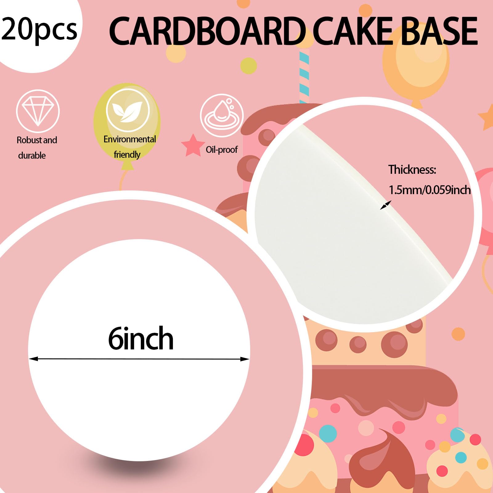 PQZKLDP 6inch White Cake Board Rounds 20pcs Circle Cake Drum 1.5mm Thickness Sturdy Disposable Cake Plates- Base-Tray for Displaying Cake-Bread-Desserts-Cookie & Oil Water Resisting PQ146