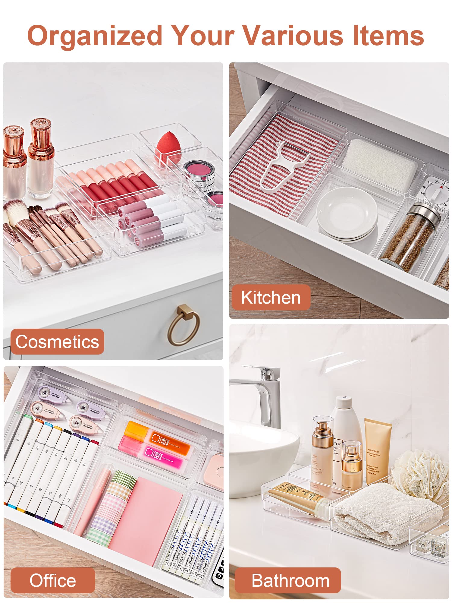 SMARTAKE 7-Piece Drawer Organizer + 13-Piece Drawer Organizers with Non-Slip Silicone Pads
