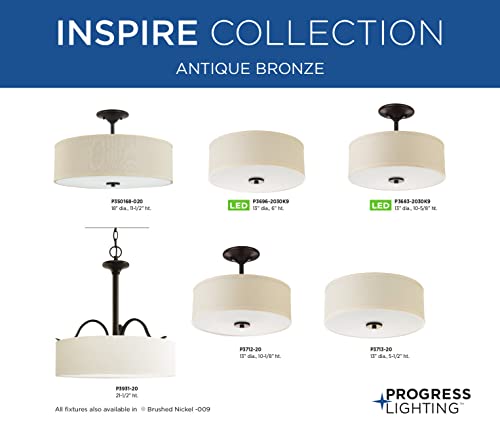 Progress Lighting P3712-20 Inspire Close-to-Ceiling, 13β diameter|10-1/8β height, Off-White Linen shade, Antique Bronze