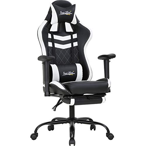 PC Gaming Chair Ergonomic Office Chair Racing Computer Chair with Lumbar Support Headrest 2D Armrest Footrest Task Rolling Swivel Ergonomic E-Sports Adjustable Desk Chair for Men Gamer(White)