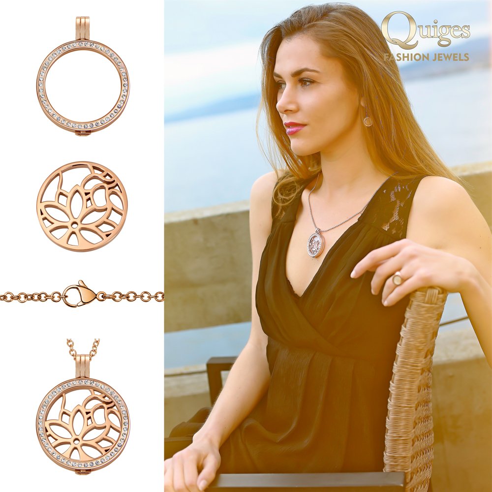 Quiges Rose Gold Plated Stainless Steel Interchangeable 33mm Coin Pendant Holder Locket Zirconia Stones