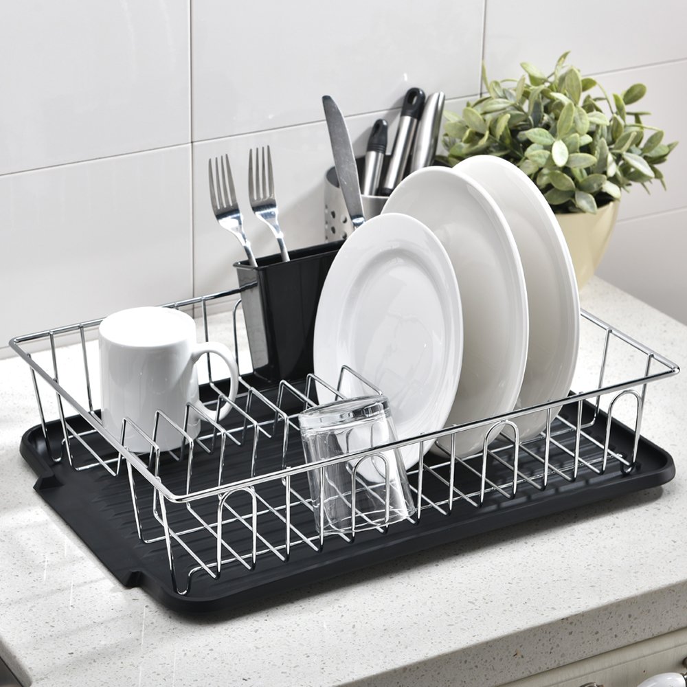 Popity home Dish Drying Rack, Dish Rcks for Kitchen Counter, Small Stainless Dteel Dish Drainer Dack with Black Cutlery Holder and Drainboard