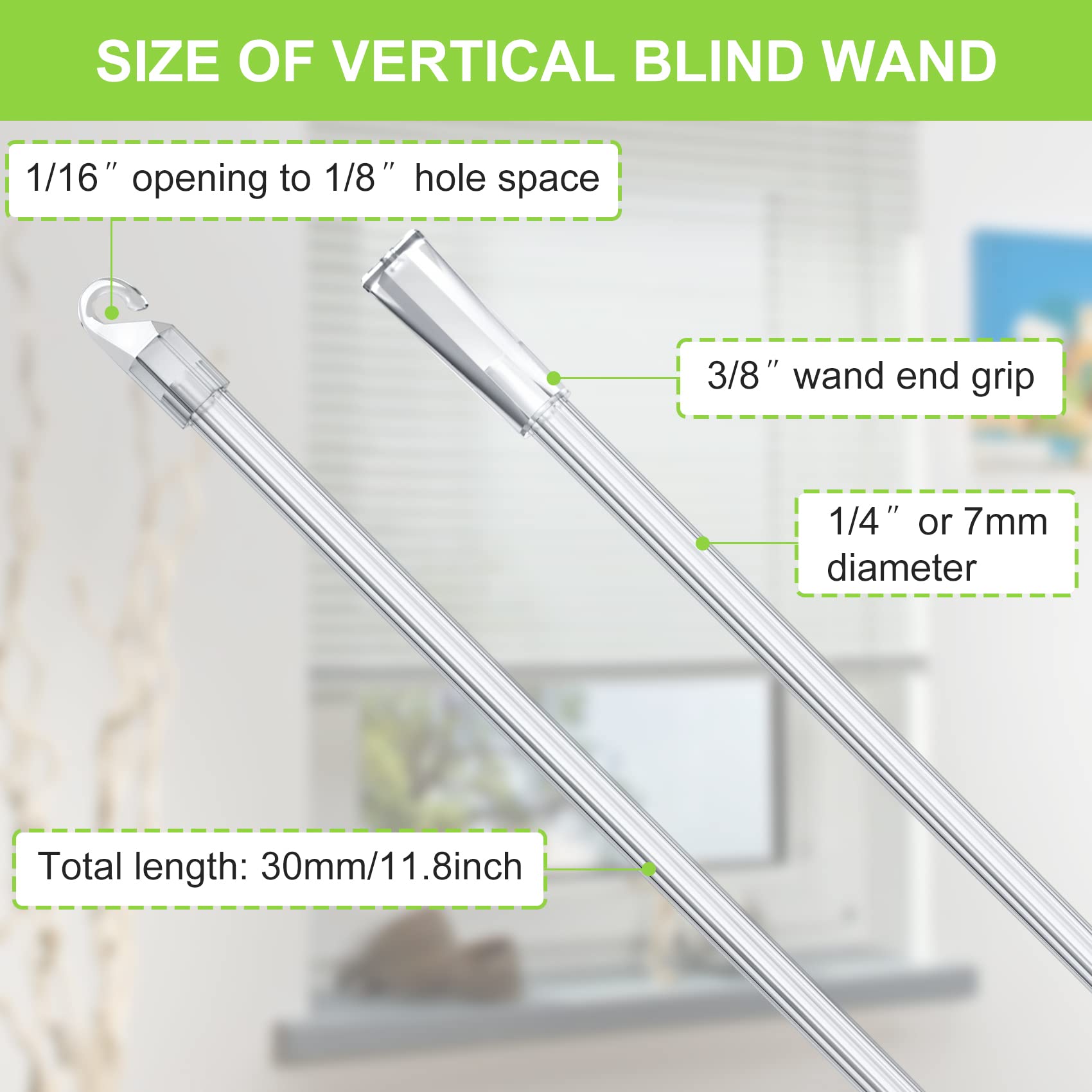 PAGOW 6Sets Vertical Blind Wand, 12 Inches Transparent PVC Blind Tilt Wand with Hook and Handle, Blind Rod Opener Long Window Blind Stick Replacement Parts