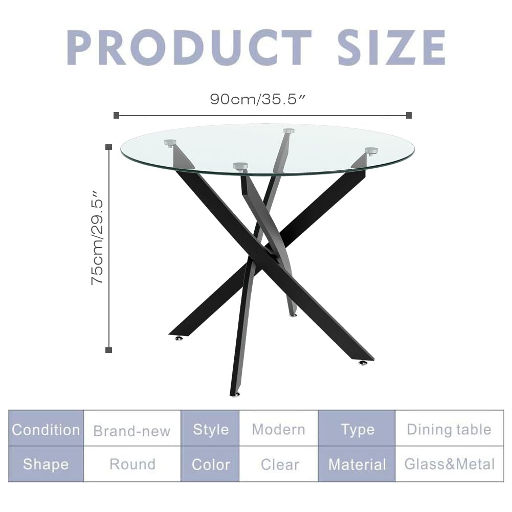 NIERN Round Tempered Glass Dining Table for 2-4 with Chromed Legs, 35.5 in Modern Small Kitchen Table for Kitchen Dining Room (White/Silver)