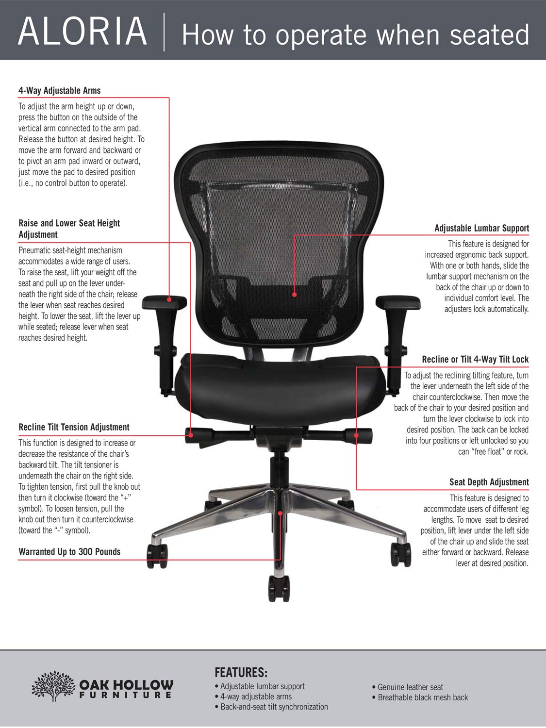 Oak Hollow Furniture Aloria Series Office Chair Ergonomic Executive Computer Chair, Genuine Leather Seat Cushion, Mesh Back, Adjustable Lumbar Support Swivel and Tilt High-Back (Black)