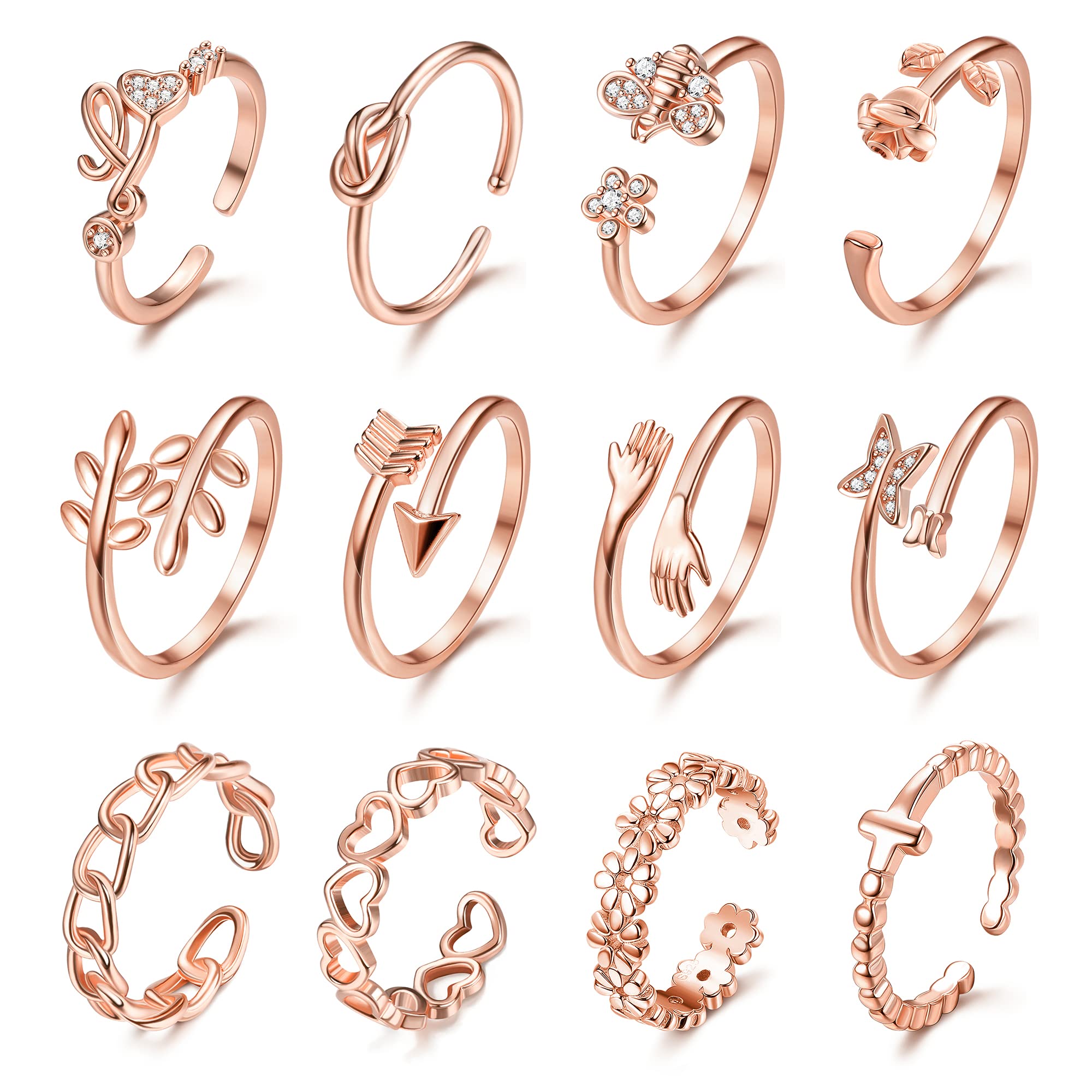 YADOCA 12PCS Adjustable Toe Rings for Women Stackable Knuckle Thumb Rings Set Open Arrow Knot Flower Bee Stacking Tail Pinky Band Rings Pack Summer Beach Foot Jewelry Rose Gold