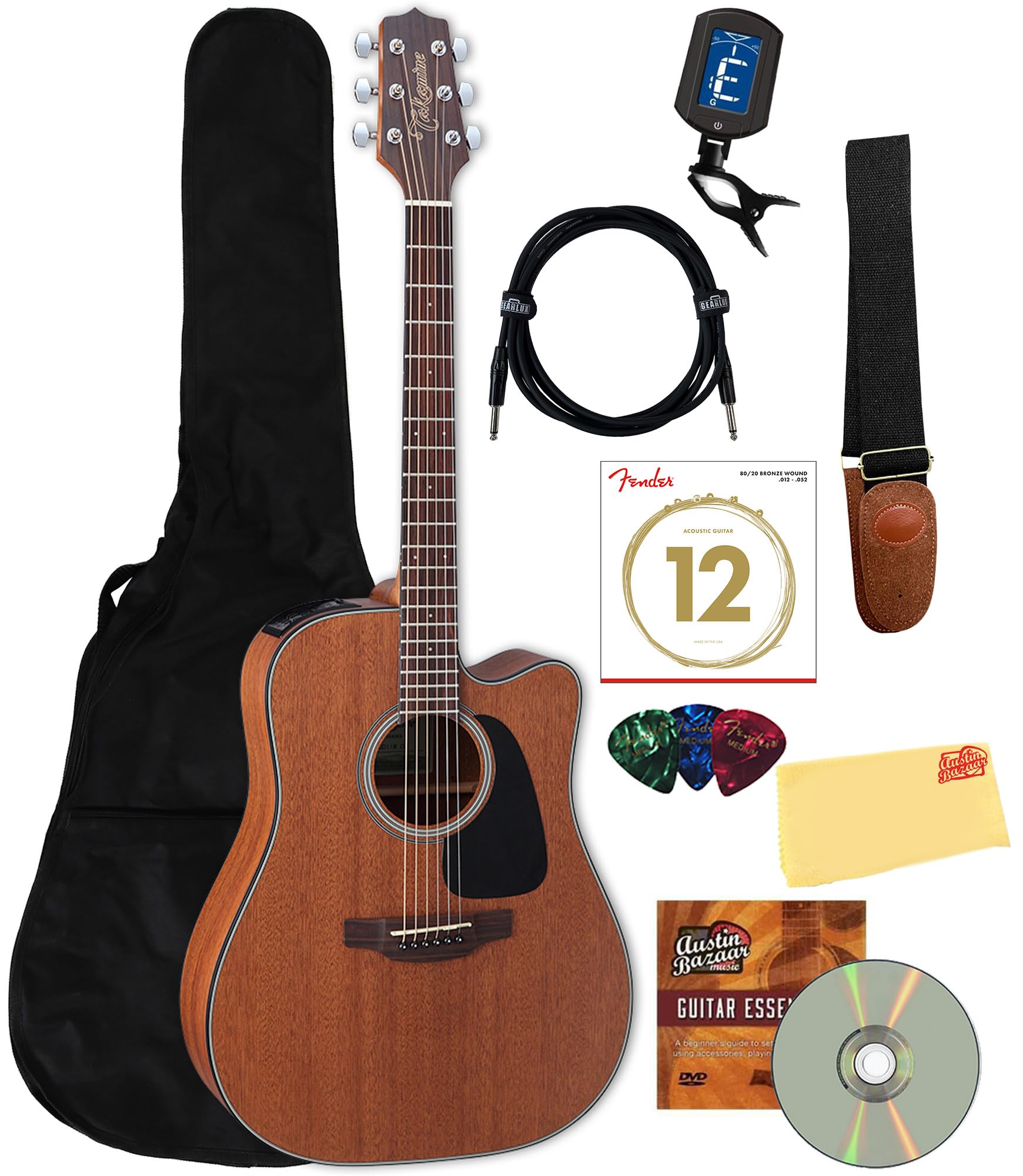 Takamine GD11MCE-NS Dreadnought Cutaway Acoustic-Electric Guitar - Natural Satin Bundle with Gig Bag, Cable, Tuner, Strap, Strings, Picks, Instructional DVD, and Austin Bazaar Polishing Cloth