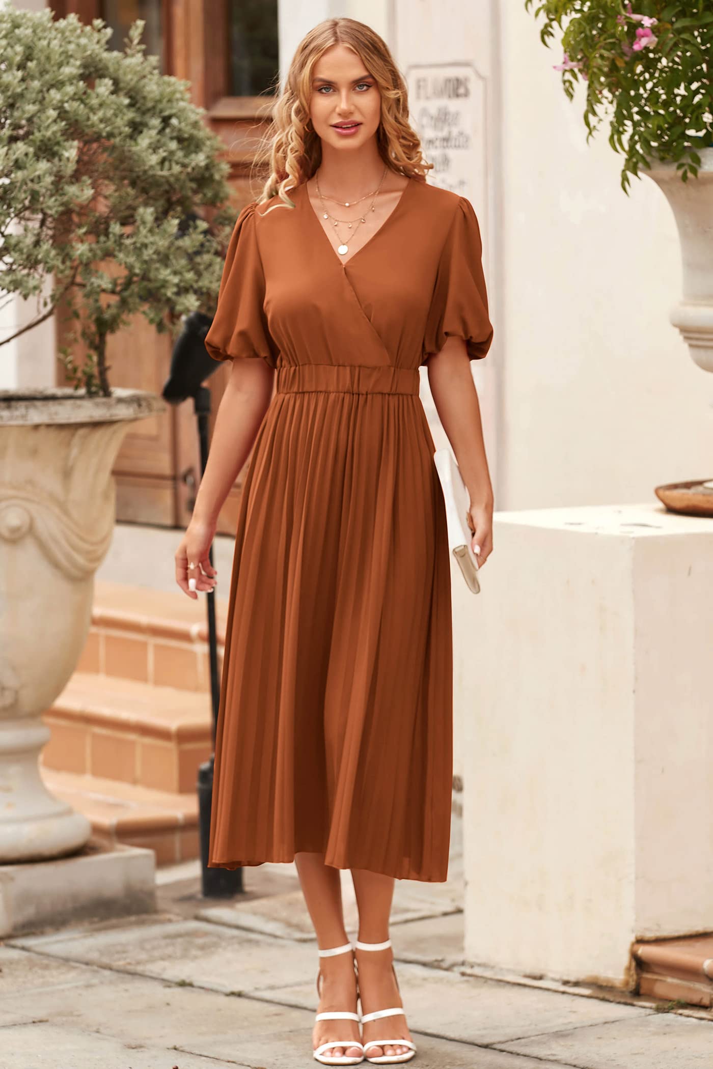 PRETTYGARDEN Women's Summer Pleated Midi Dress Wrap V Neck Puff Sleeve Casual Chiffon A Line Flowy Dresses (Brick Red,Large)