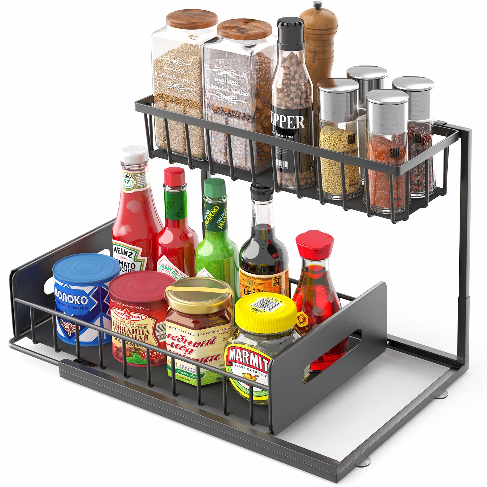 Tochek Under Sink Organizers and Storage, 2 Tier L-shaped Sliding Bathroom Organizer and Storage, Multi-purpose Pull Out Under Sink Organizer for Kitchen Bathroom, Black