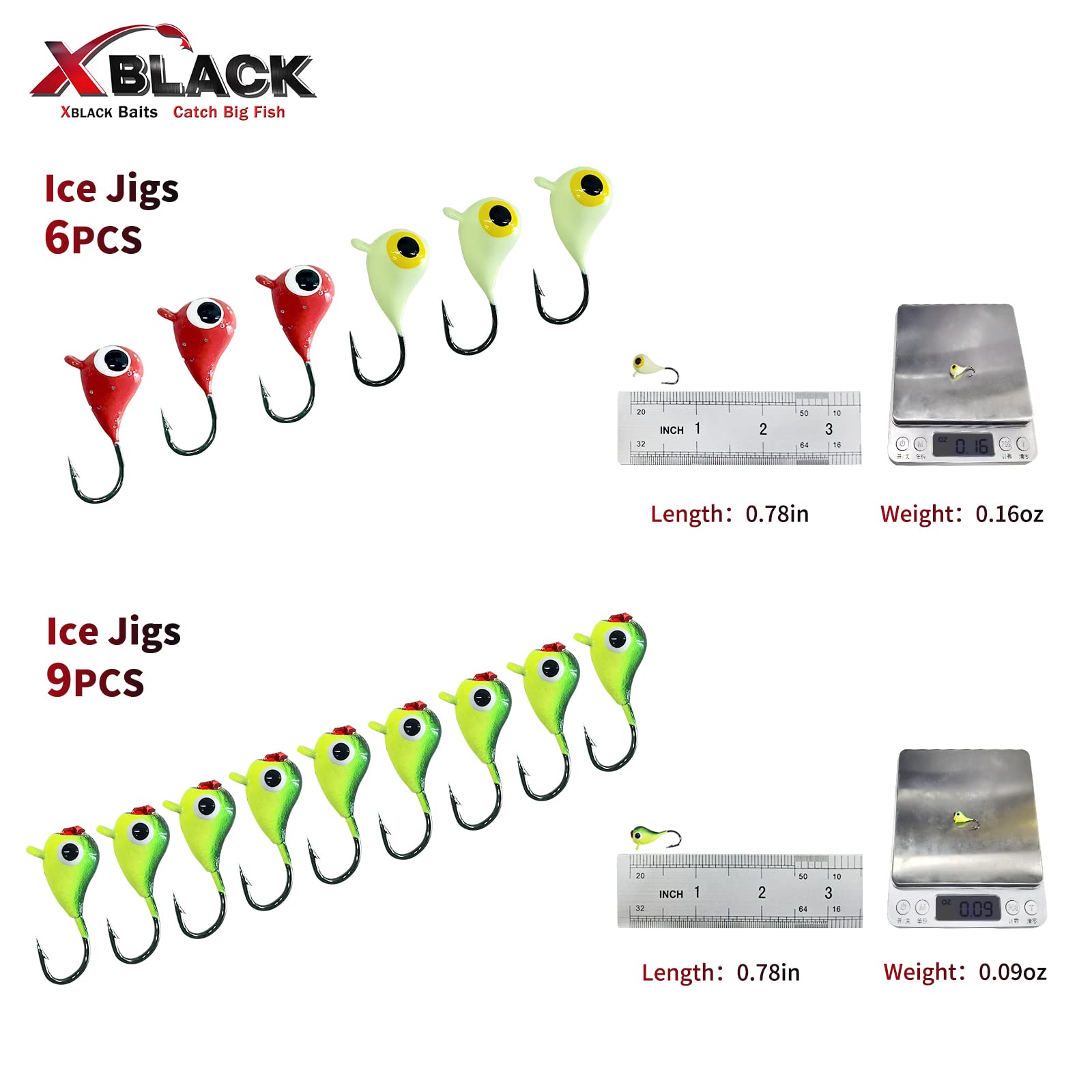 XBLACK Ice Fishing Jigs Kit Ice Fishing Lures 55PCS for Beginner Starter, XBLACK Baits, Catch Big Fish!