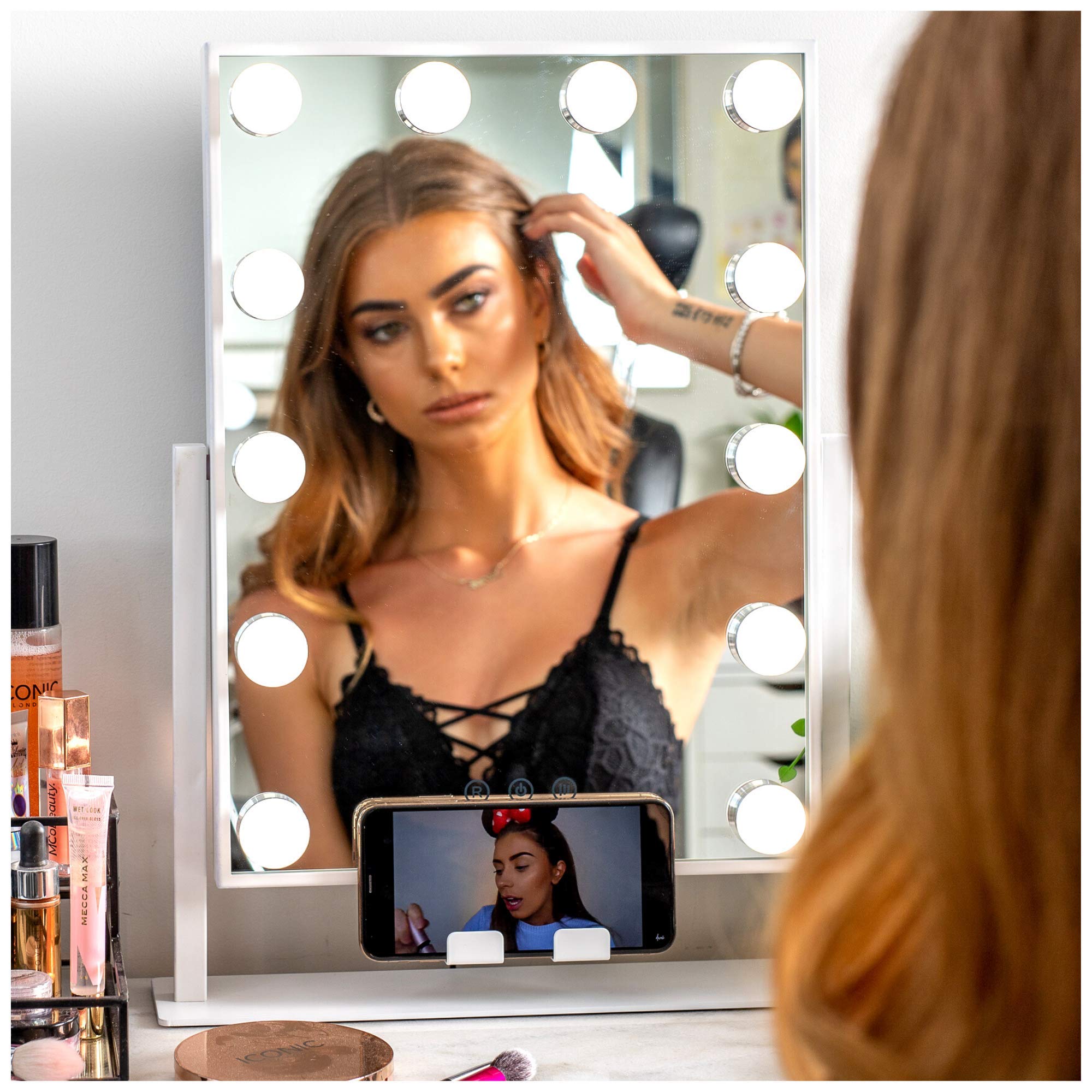 REBEL POPPY Vanity Mirrors with LED Lights - Phone Mount, 3 Lighting Touch Control, 18.5β x 14.8β, Fogless - Hollywood Lighted Makeup Mirror (White)